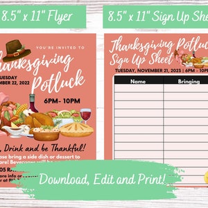 EDITABLE and Printable Thanksgiving Potluck Flyer and Sign up Sheet ...