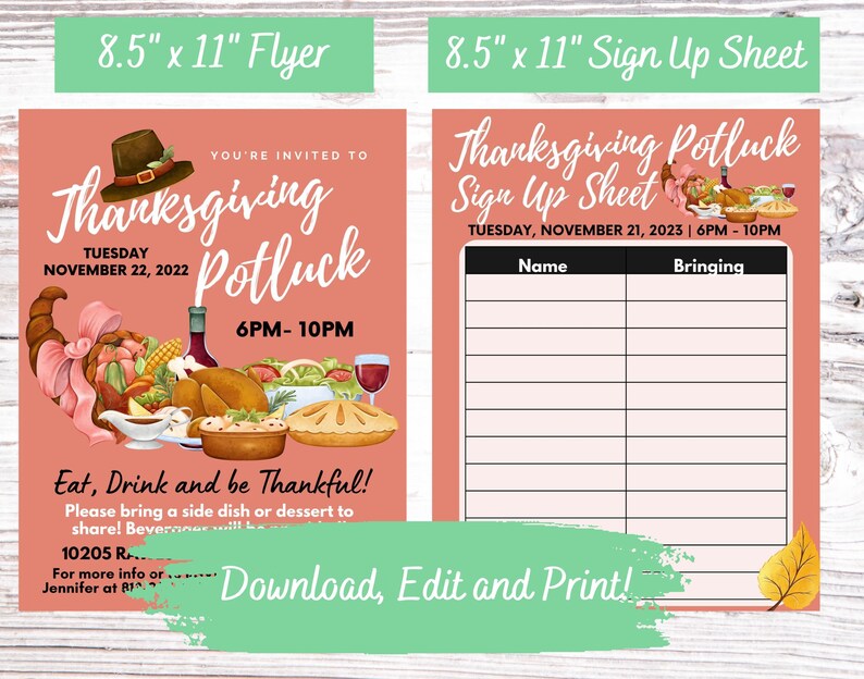 EDITABLE and Printable Thanksgiving Potluck Flyer and Sign up Sheet ...