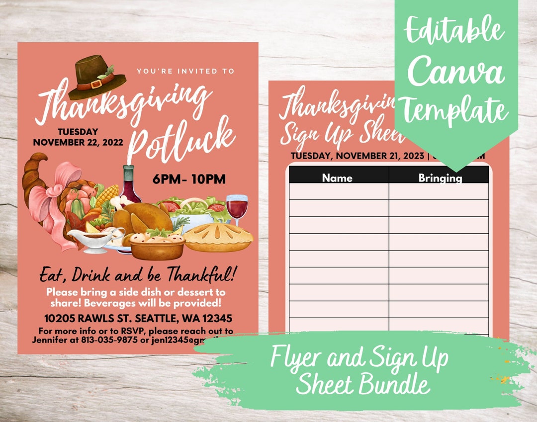 EDITABLE and Printable Thanksgiving Potluck Flyer and Sign up Sheet ...