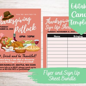EDITABLE and Printable Thanksgiving Potluck Flyer and Sign up Sheet ...