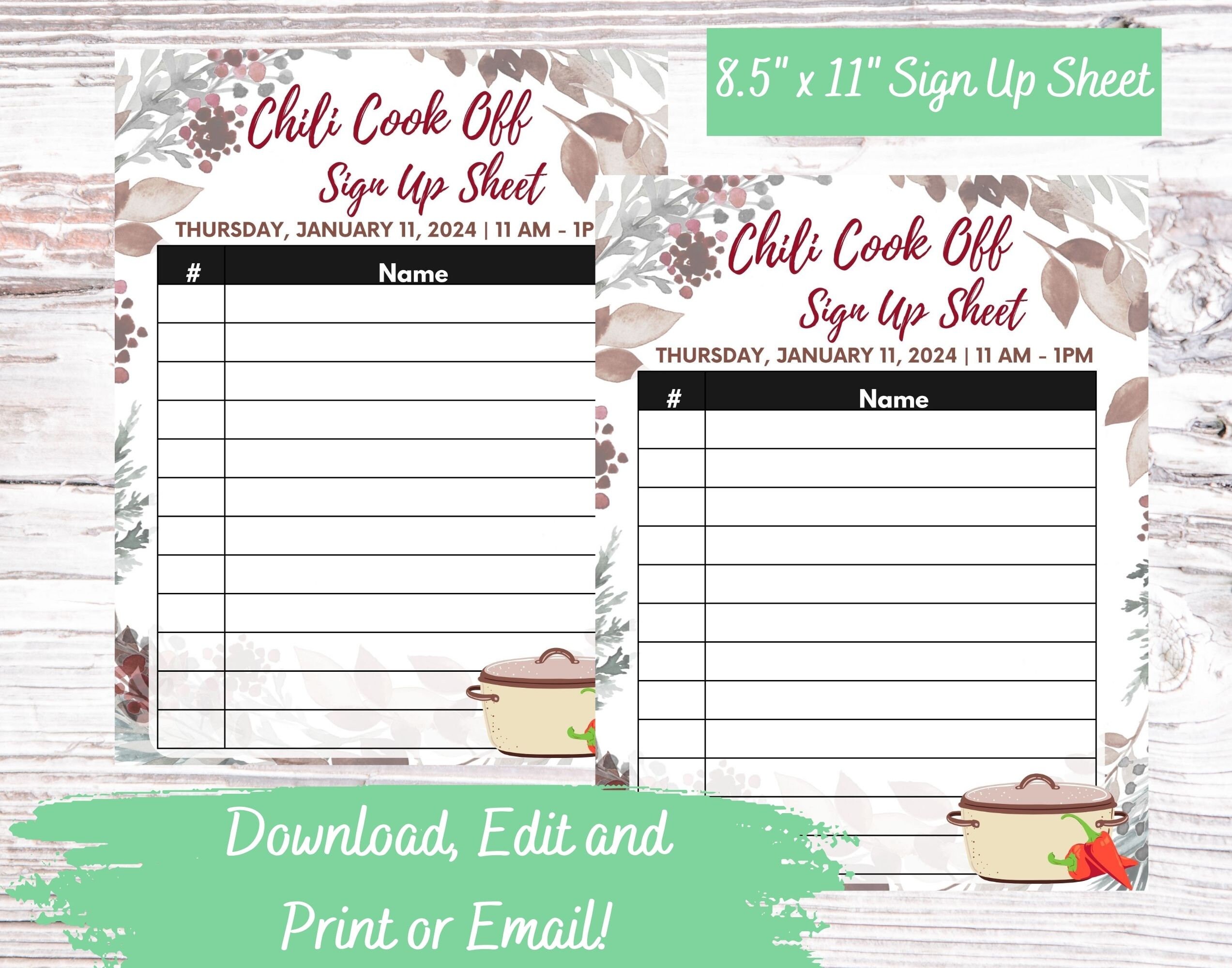 EDITABLE and Printable Winter Chili Cook off Sign up Sheet Template ...