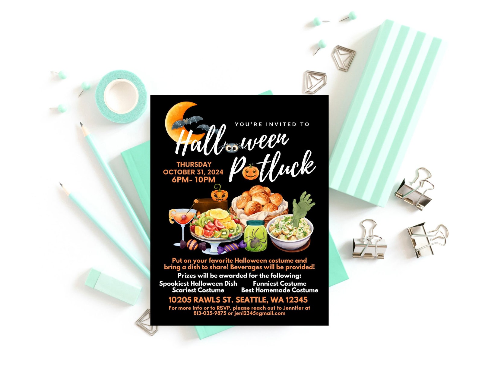 Spooky Halloween Potluck Event Invitation Flyer Template, Editable and ...