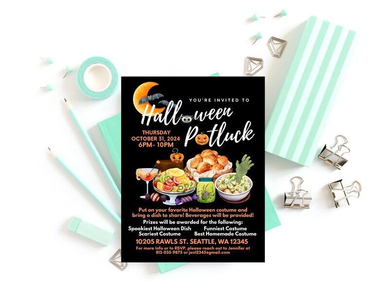 Spooky Halloween Potluck Event Invitation Flyer Template, Editable and ...