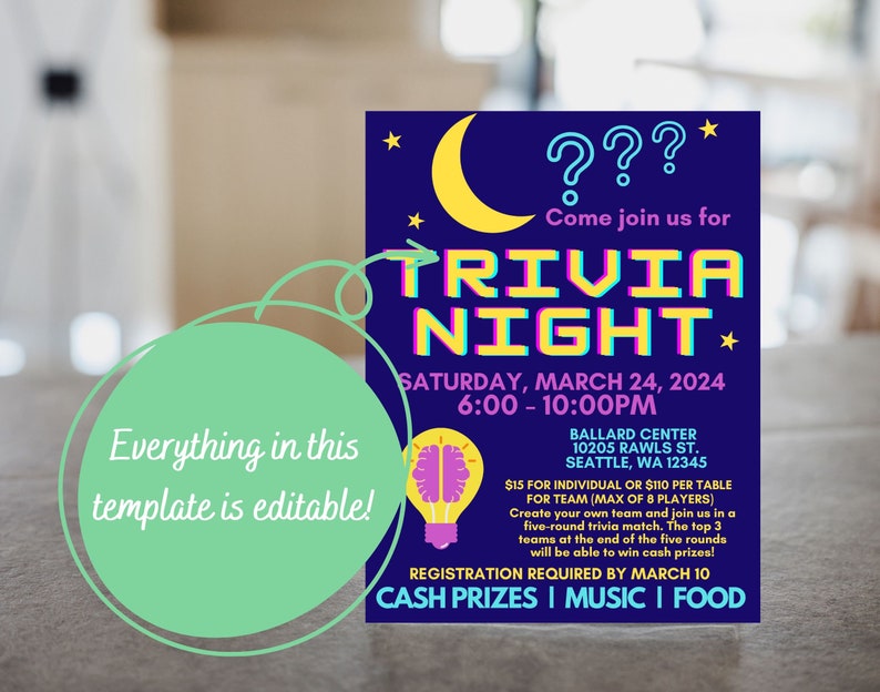 Trivia Night Event Invitation Flyer Template (editable and Printable ...