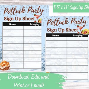 Snowflakes Potluck Party Sign up Sheet Template, Editable and Printable ...