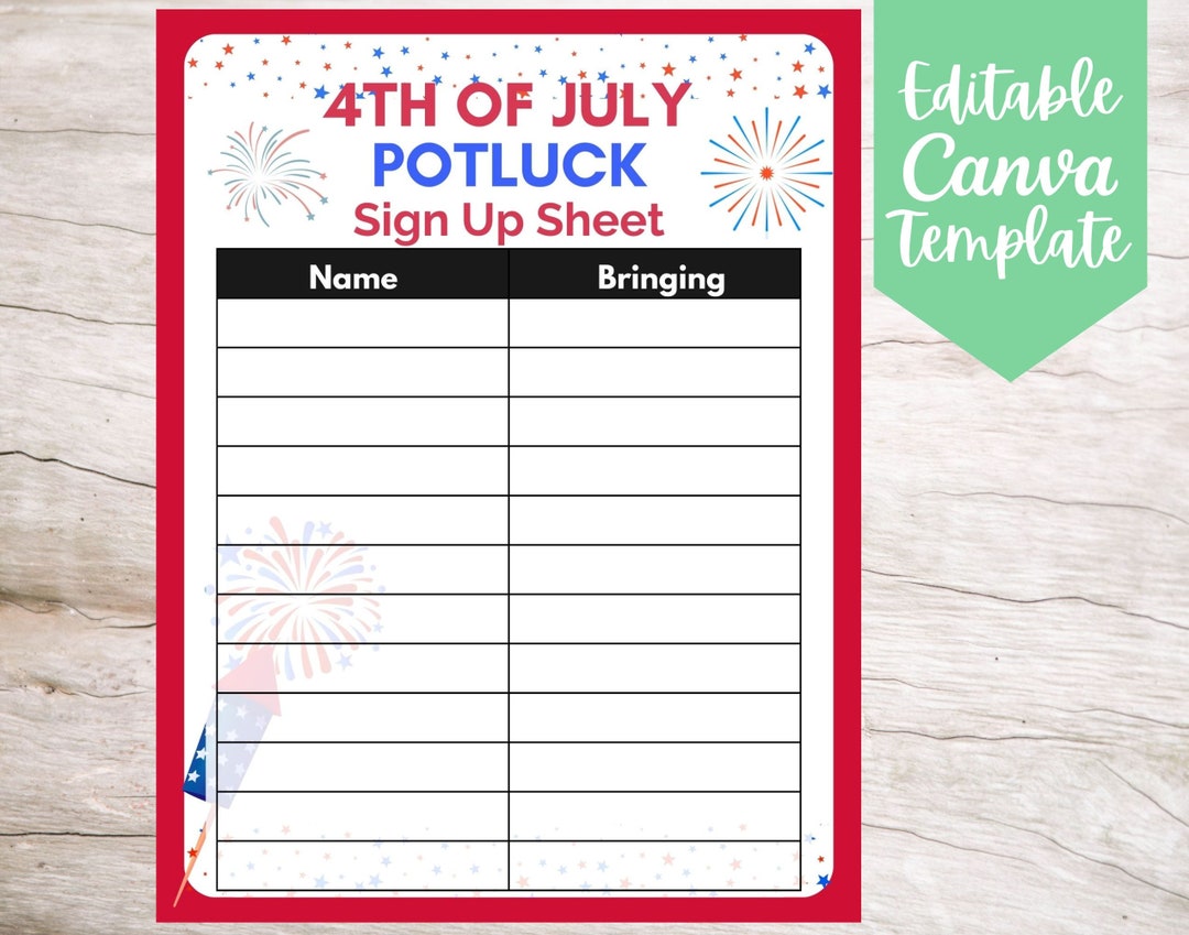 4th of July Red Potluck Sign up Sheet Template, Editable and Printable ...