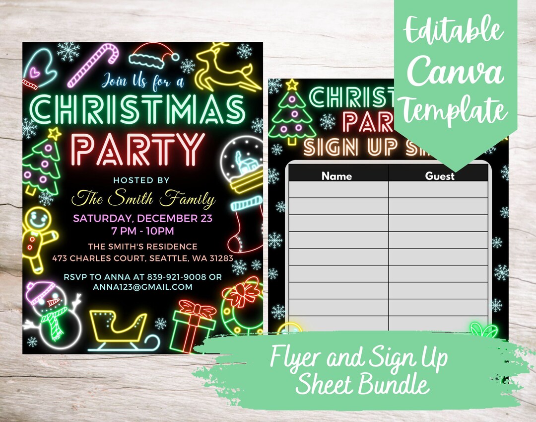 EDITABLE and Printable Neon Christmas Party Flyer and Sign up Sheet ...