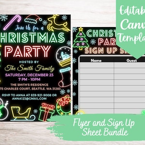 EDITABLE and Printable Neon Christmas Party Flyer and Sign up Sheet ...