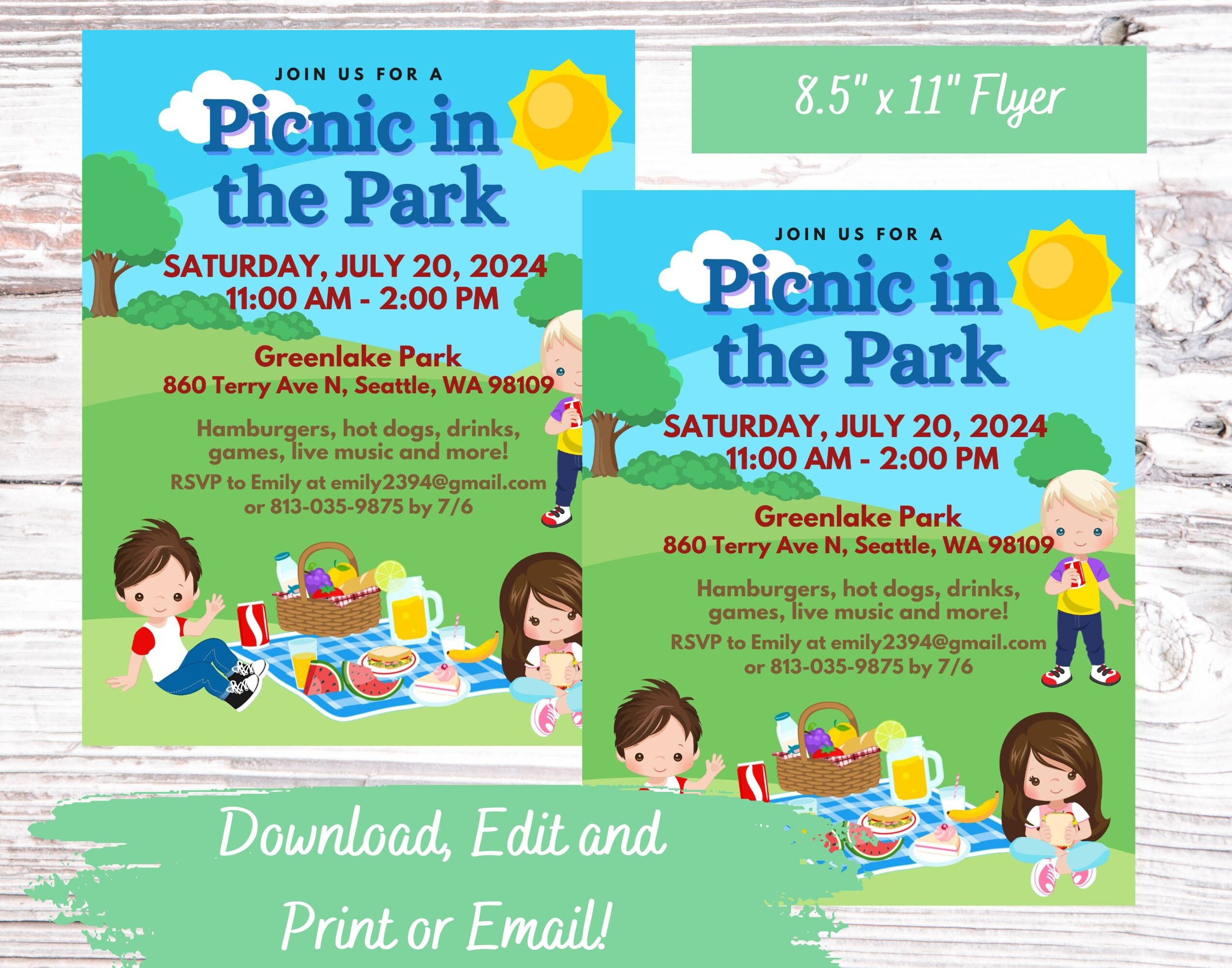 Picnic in the Park With Kids Event Invitation Flyer Template, Editable ...