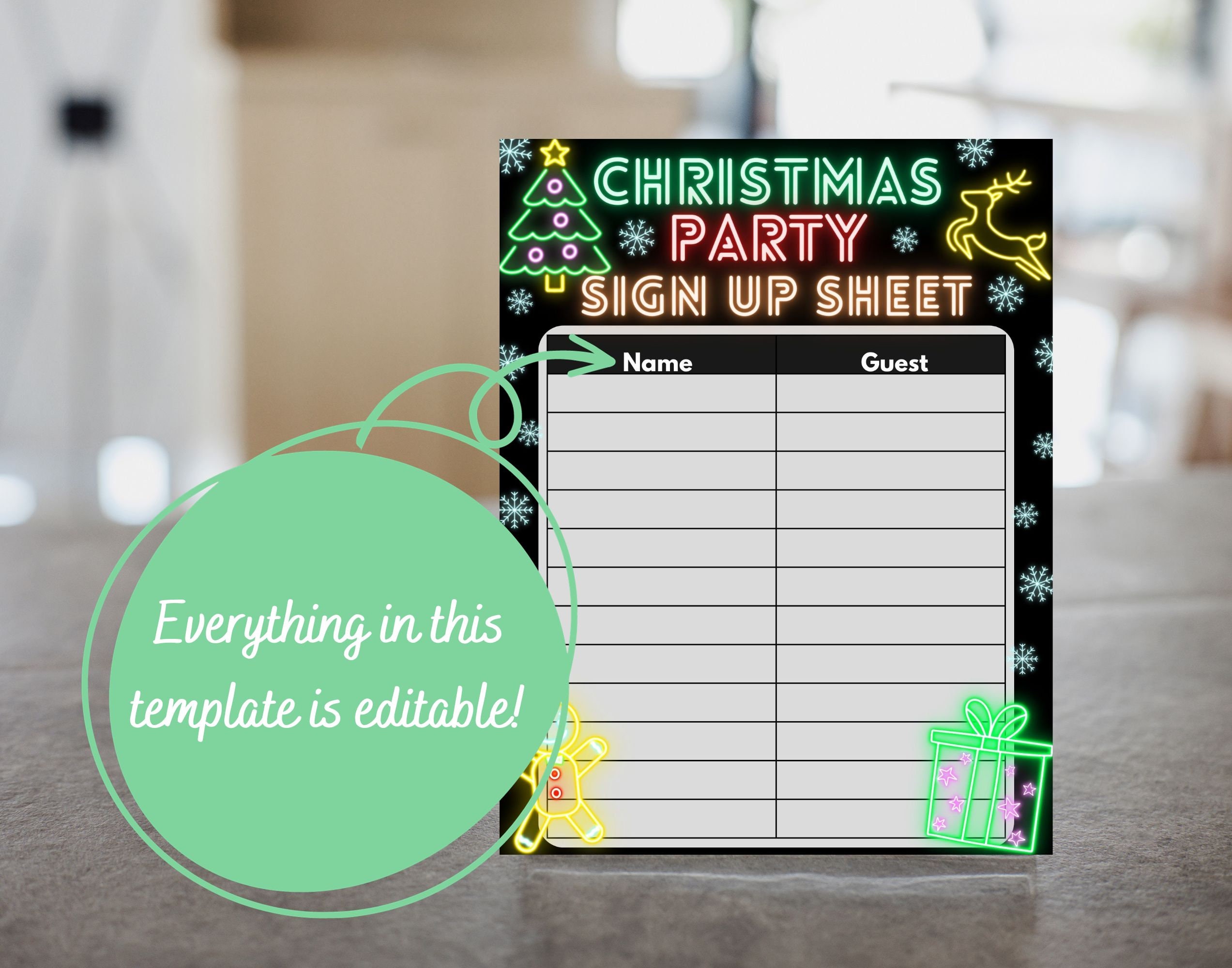 EDITABLE and Printable Neon Christmas Party Sign up Sheet Template ...