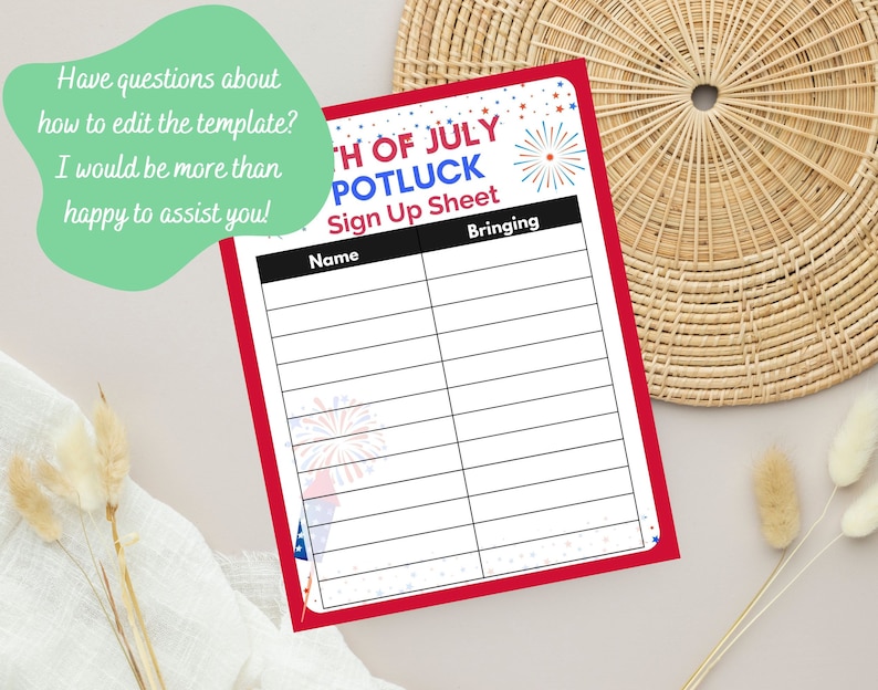 4th of July Red Potluck Sign up Sheet Template, Editable and Printable ...