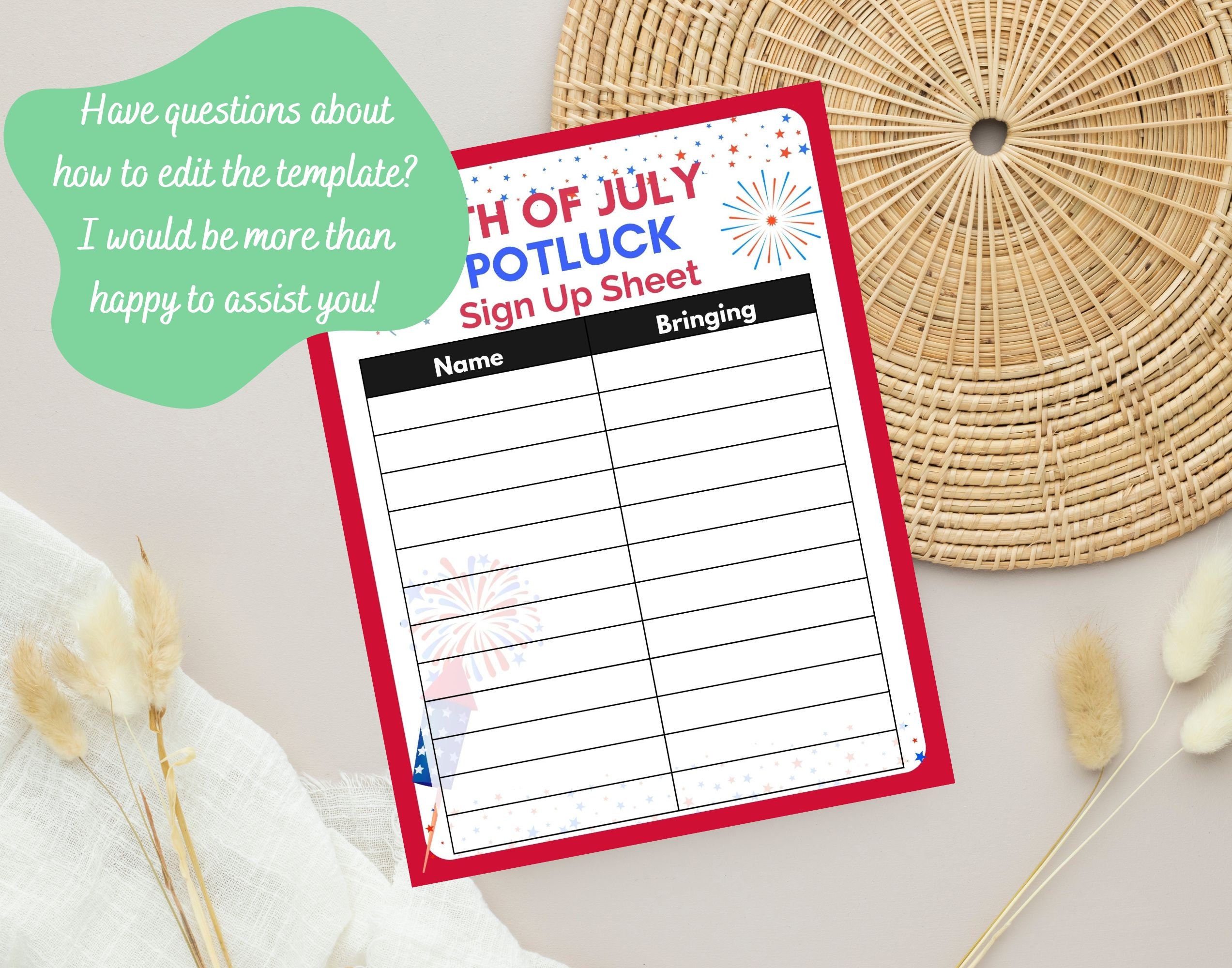 4th of July Red Potluck Sign up Sheet Template, Editable and Printable ...