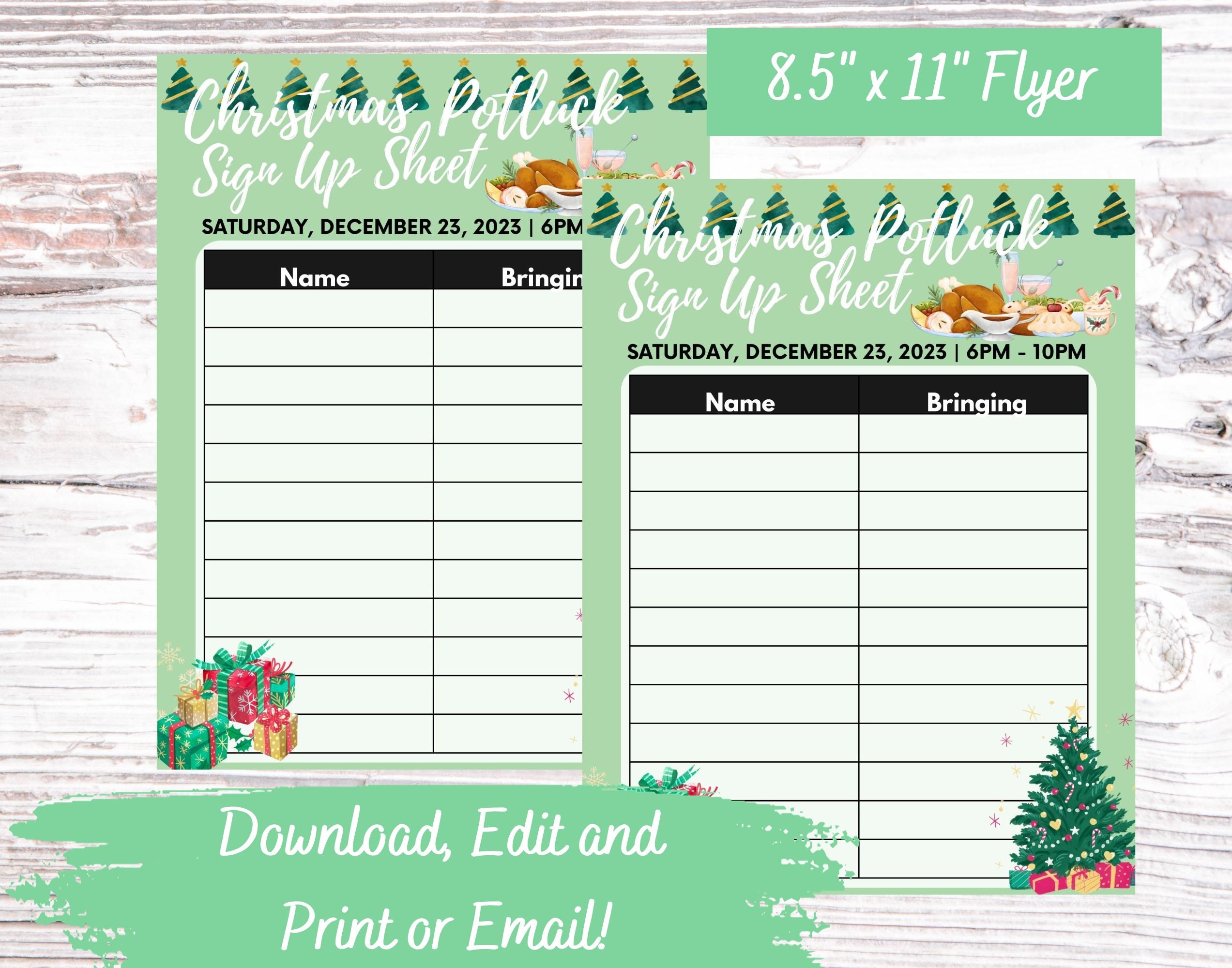 EDITABLE and Printable Christmas Potluck Sign up Sheet Template ...