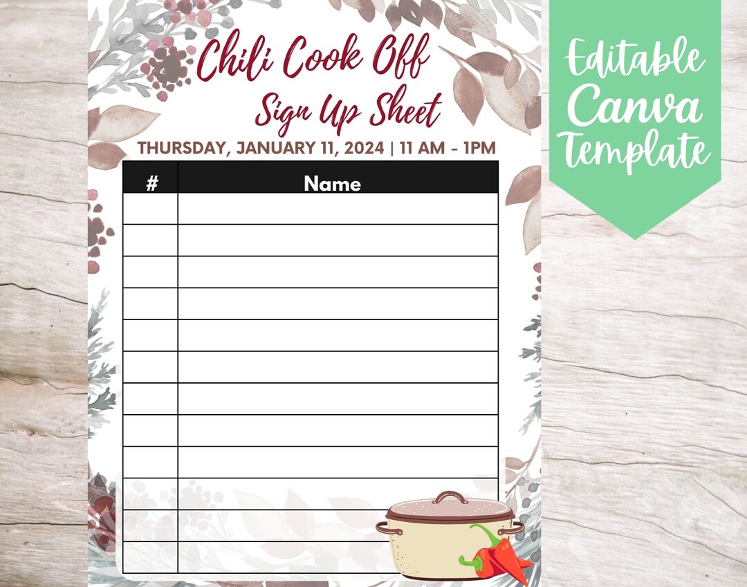 EDITABLE and Printable Winter Chili Cook off Sign up Sheet Template ...