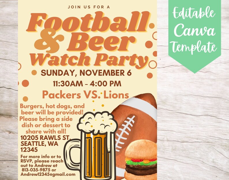 Editable and Printable Football & Beer Watch Party Invitation Flyer ...