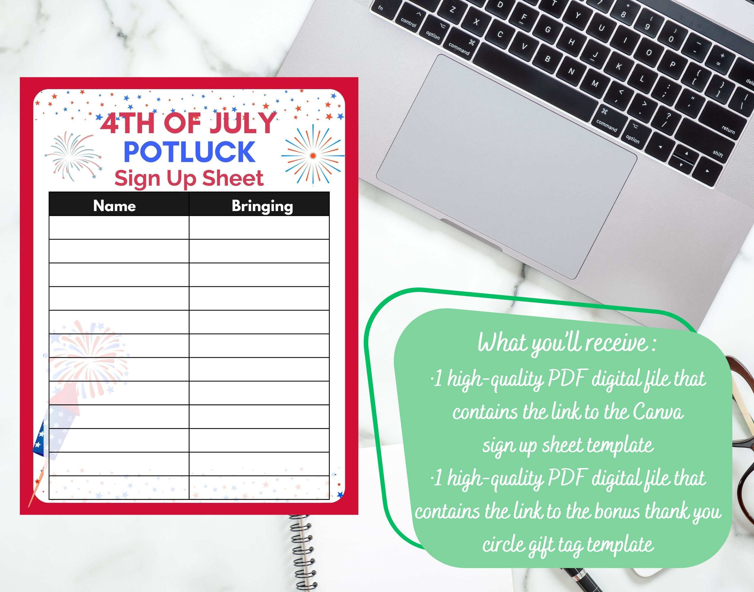 4th of July Red Potluck Sign up Sheet Template, Editable and Printable ...