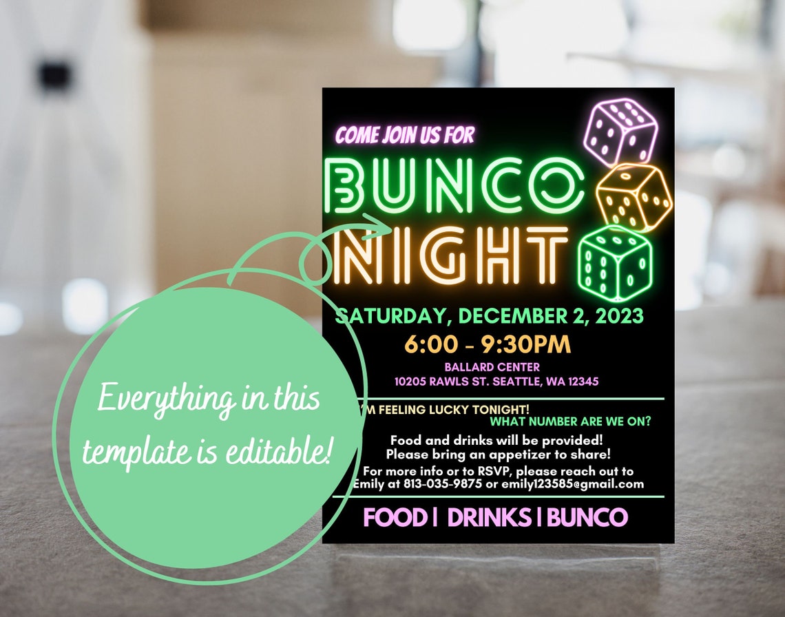 EDITABLE and Printable Neon Bunco Night Invitation Flyer Template ...