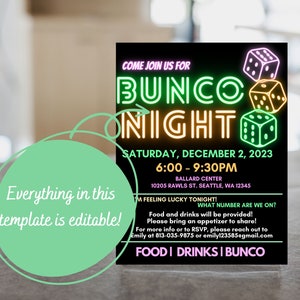 EDITABLE and Printable Neon Bunco Night Invitation Flyer Template ...