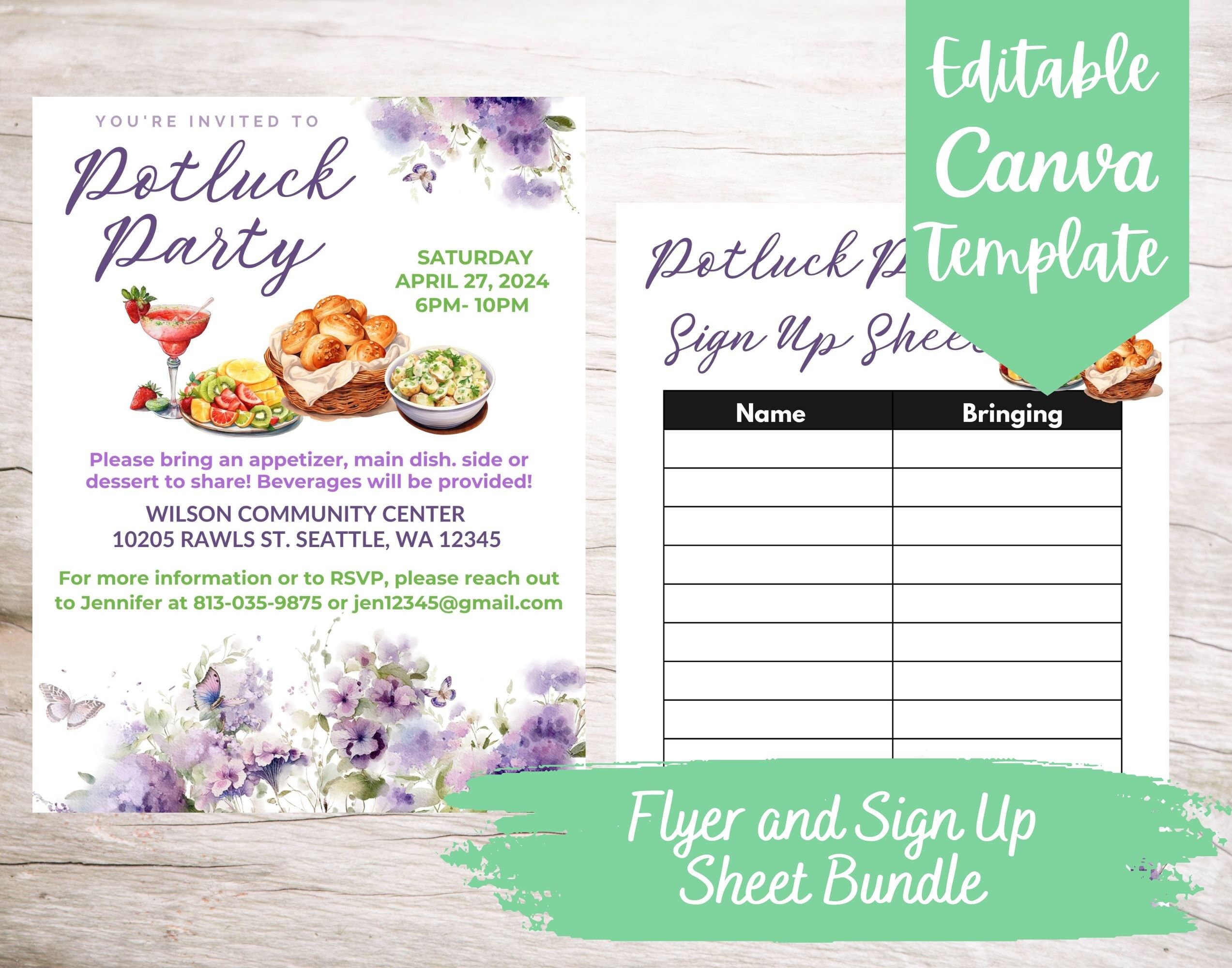 Spring Potluck Party Event Flyer and Sign up Sheet Template Bundle ...