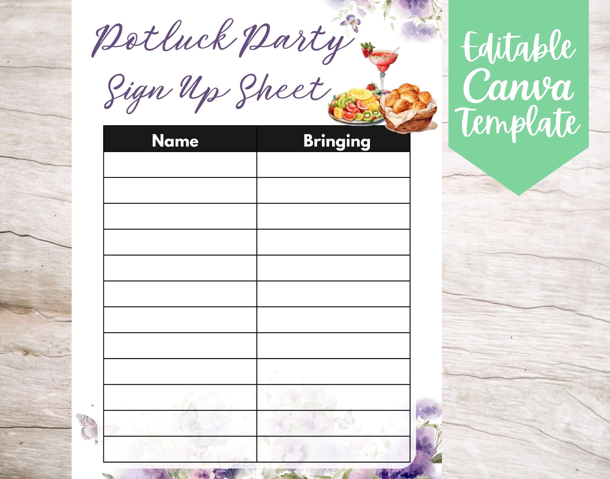 Spring Potluck Party Sign up Sheet Template, Editable and Printable ...