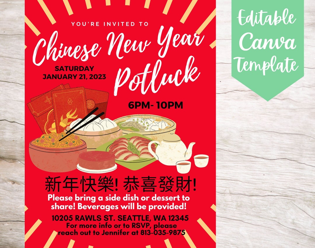 EDITABLE and Printable Chinese New Year Potluck Invitation Flyer ...