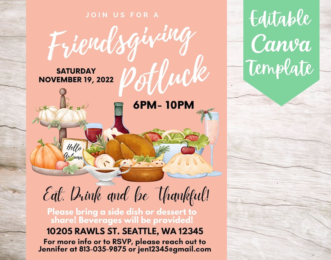 Editable and Printable Friendsgiving Potluck Party Invitation Flyer ...