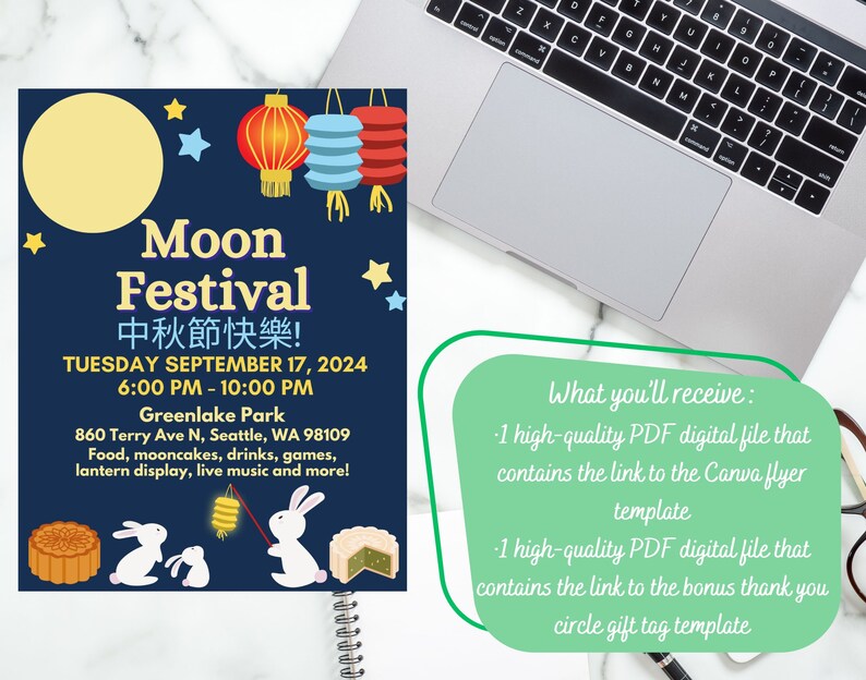 Moon Festival Event Invitation Flyer Template, Editable and Printable Instant Download Mid ...