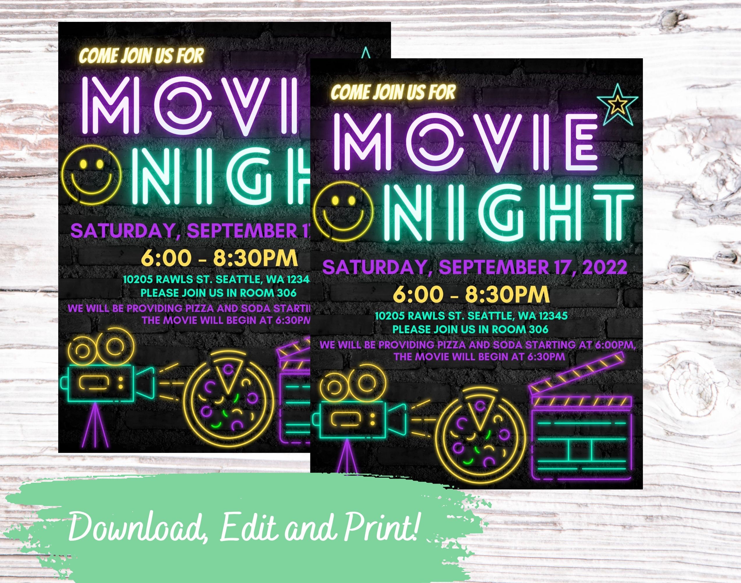 Editable and Printable Neon Movie Night Invitation Flyer Template ...