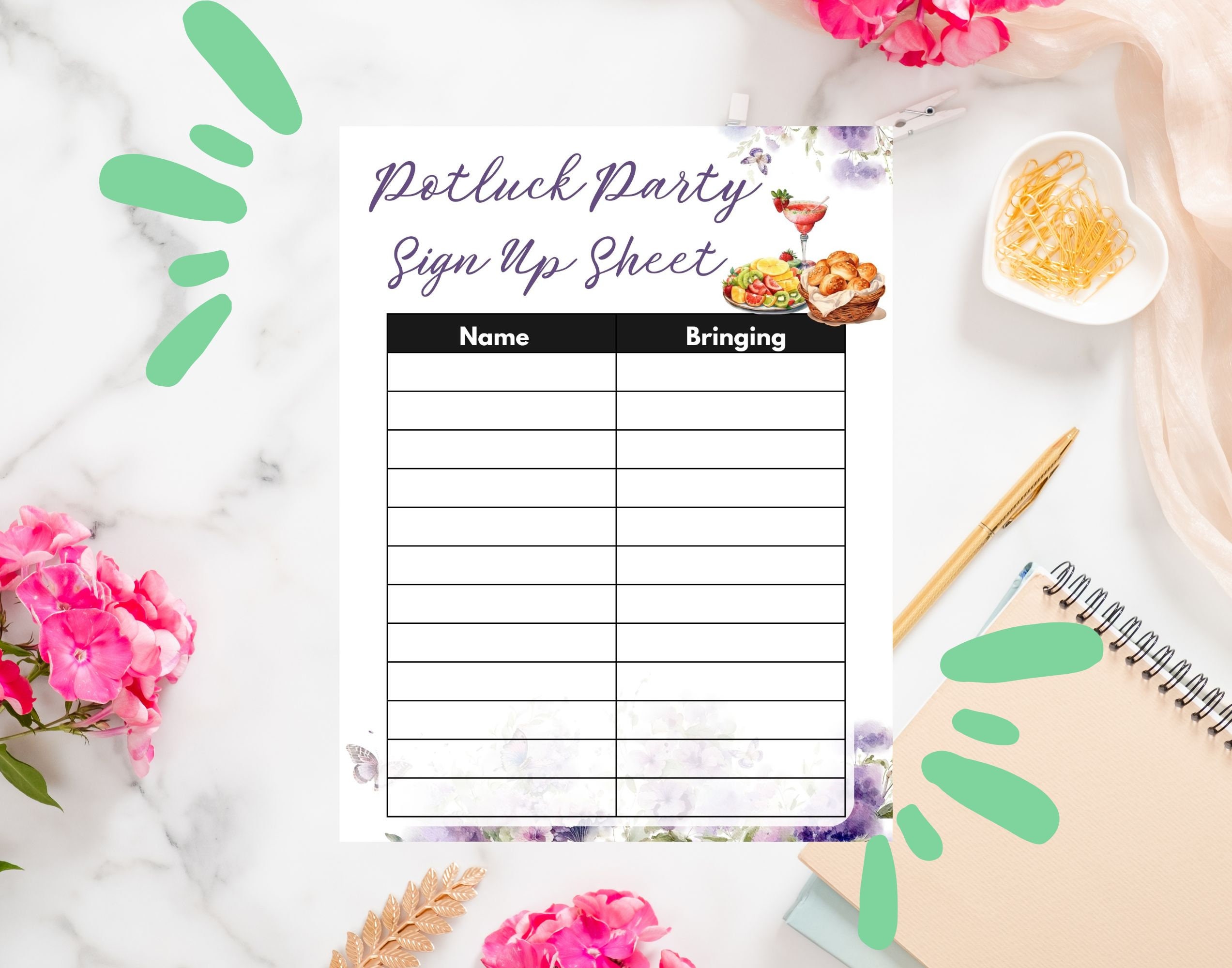 Spring Potluck Party Sign up Sheet Template, Editable and Printable ...