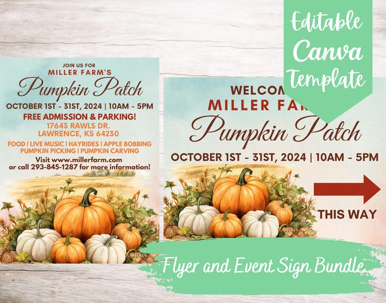 Fall Pumpkin Patch Flyer and Event Sign Template Bundle, Editable and ...