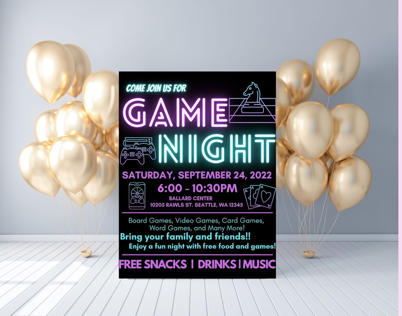 Editable and Printable Neon Game Night Invitation Flyer Template ...