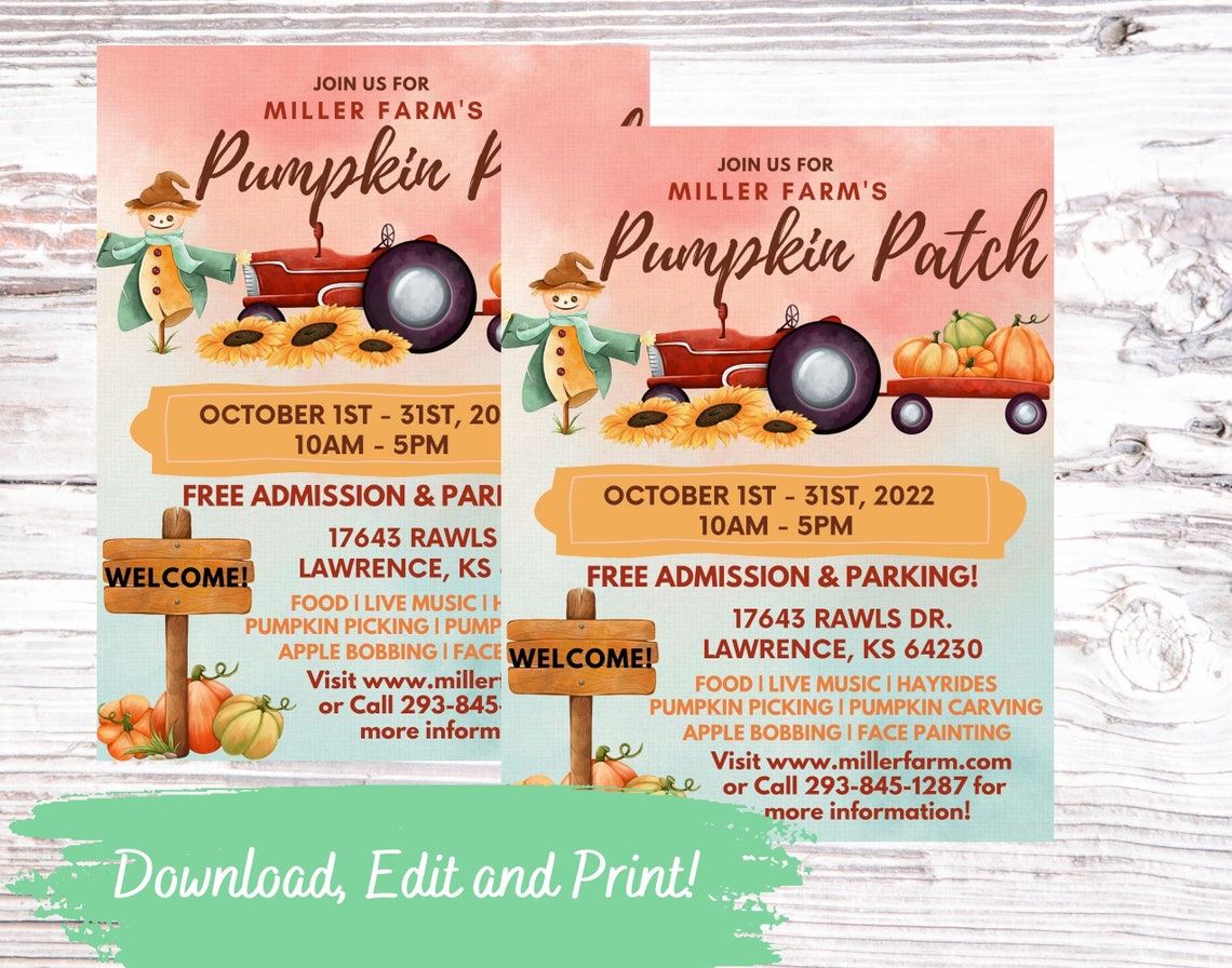 Editable and Printable Fall Pumpkin Patch Invitation Flyer Template ...