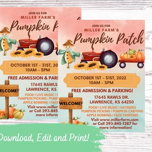 Editable and Printable Fall Pumpkin Patch Invitation Flyer Template ...