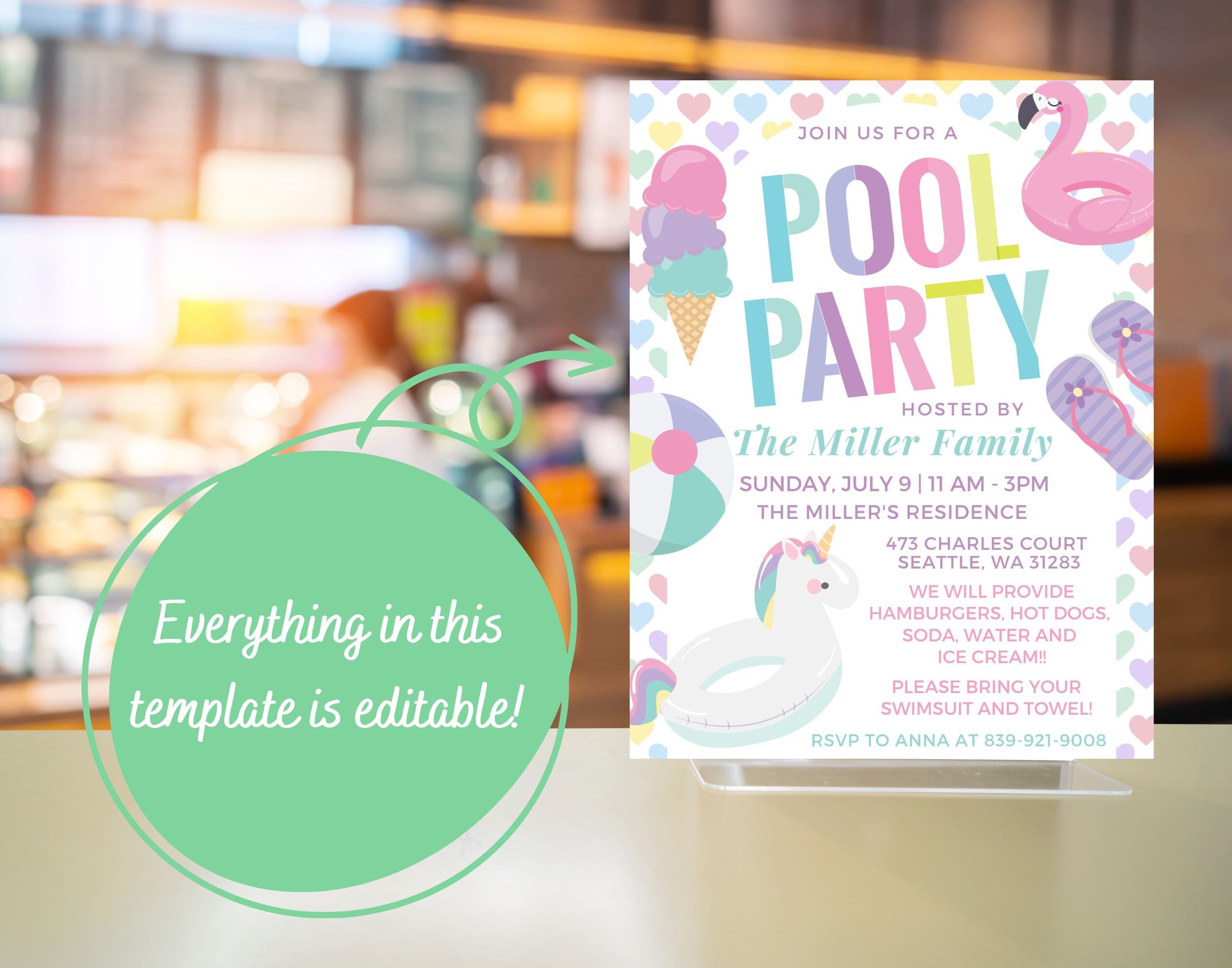 EDITABLE INVITATION, Printable Pastel Pool Party Event Flyer Template, Instant Download Pool ...