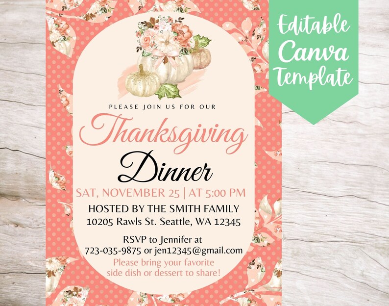 EDITABLE and Printable Pink Floral Thanksgiving Dinner Invitation ...