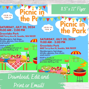 Summer Picnic in the Park Event Flyer Template, Editable and Printable ...