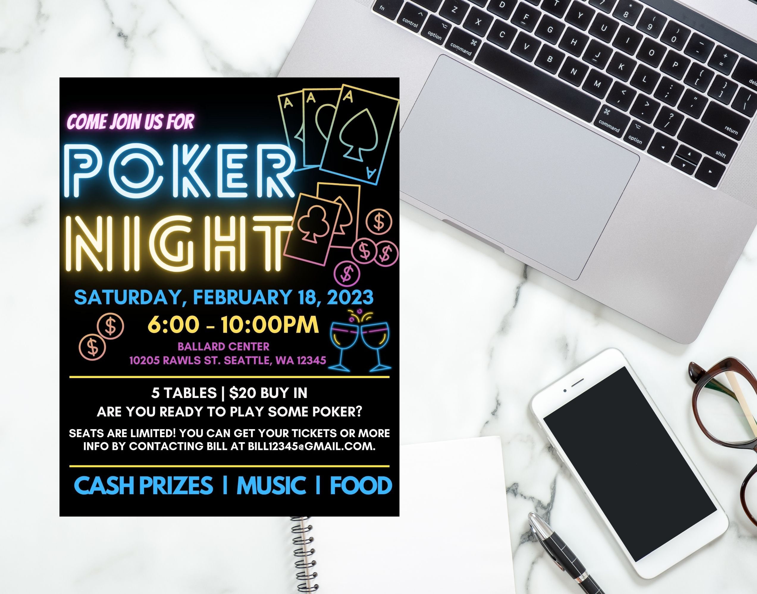 EDITABLE and Printable Neon Poker Night Invitation Flyer Template ...