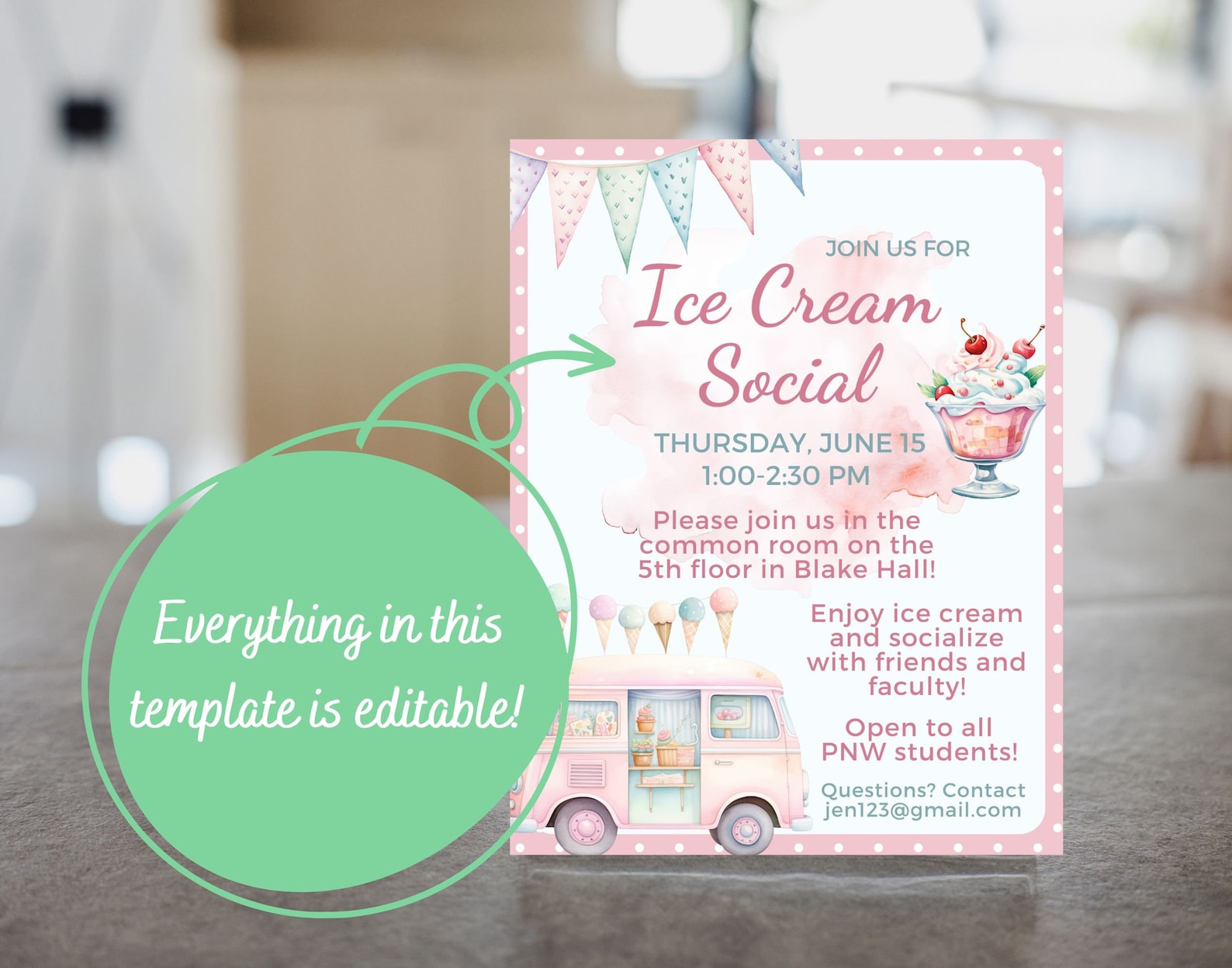 Pink Ice Cream Social Invitation Flyer Template, Editable and Printable ...