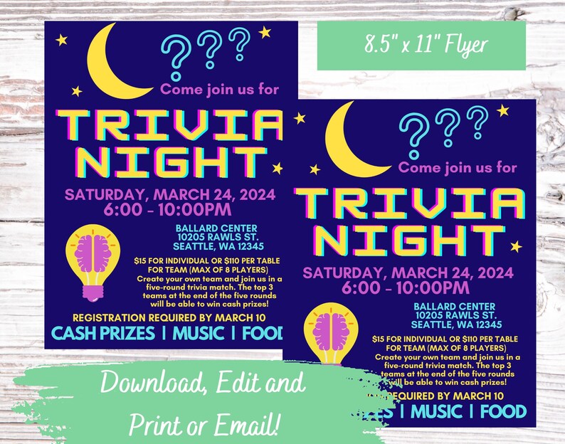Trivia Night Event Invitation Flyer Template (editable and Printable ...