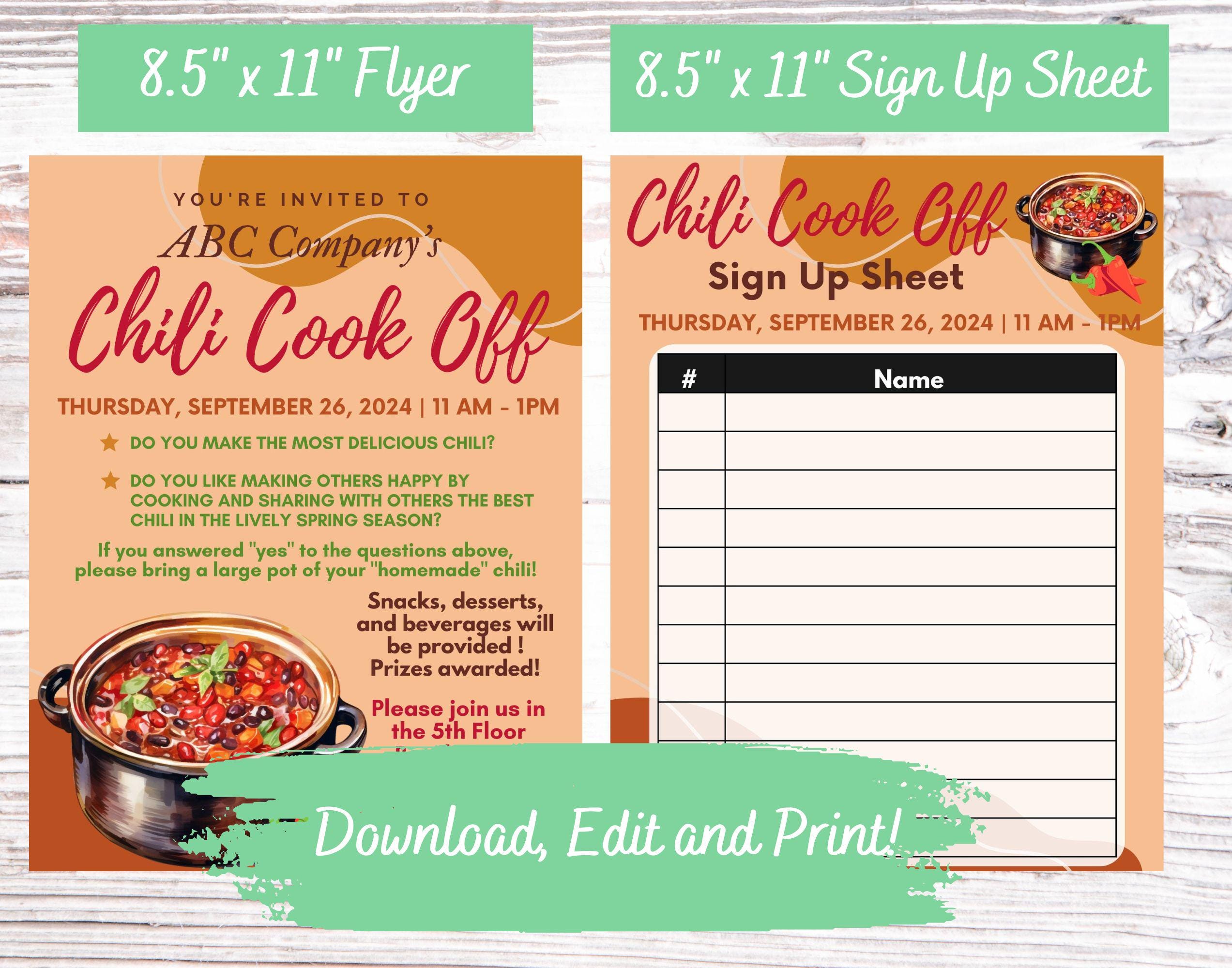 Chili Cook off Event Flyer and Sign up Sheet Template Bundle, Editable ...