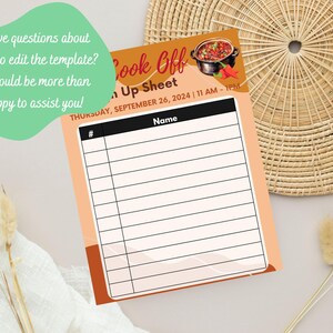 Chili Cook off Sign up Sheet Template, Editable and Printable Instant ...