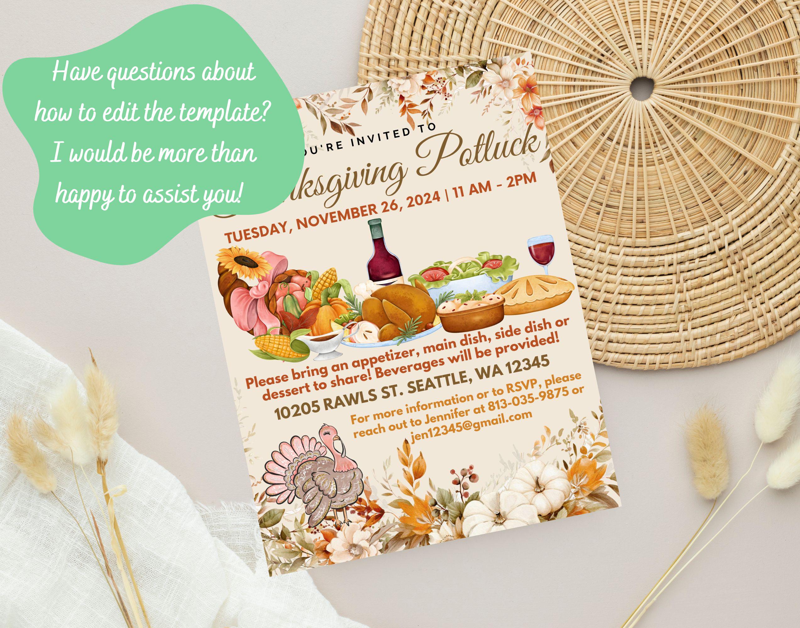 Thanksgiving Potluck Event Invitation Flyer Template, Editable and ...