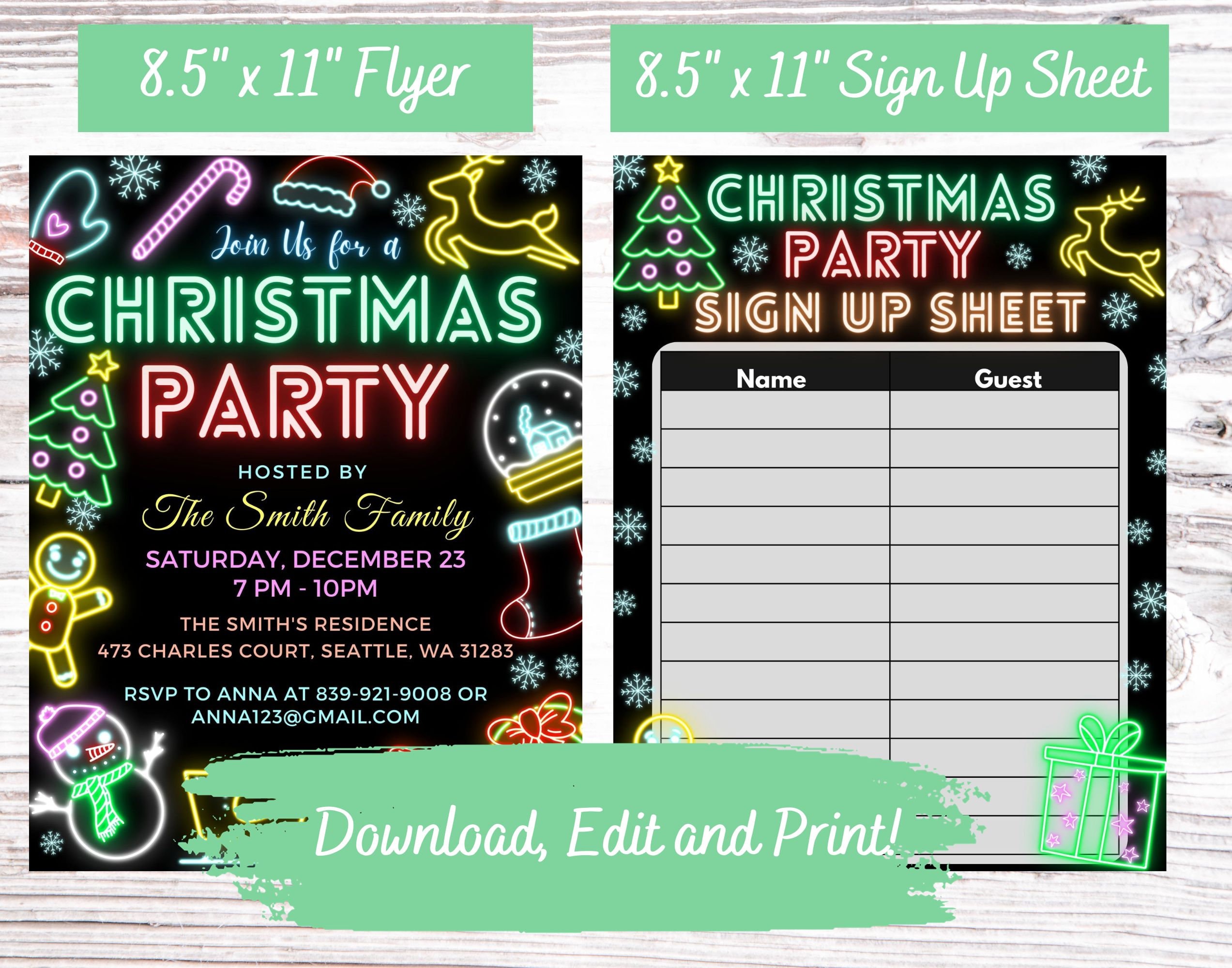 EDITABLE and Printable Neon Christmas Party Flyer and Sign up Sheet ...