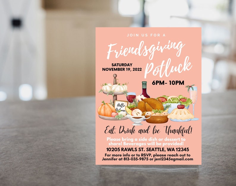 Editable and Printable Friendsgiving Potluck Party Invitation Flyer ...