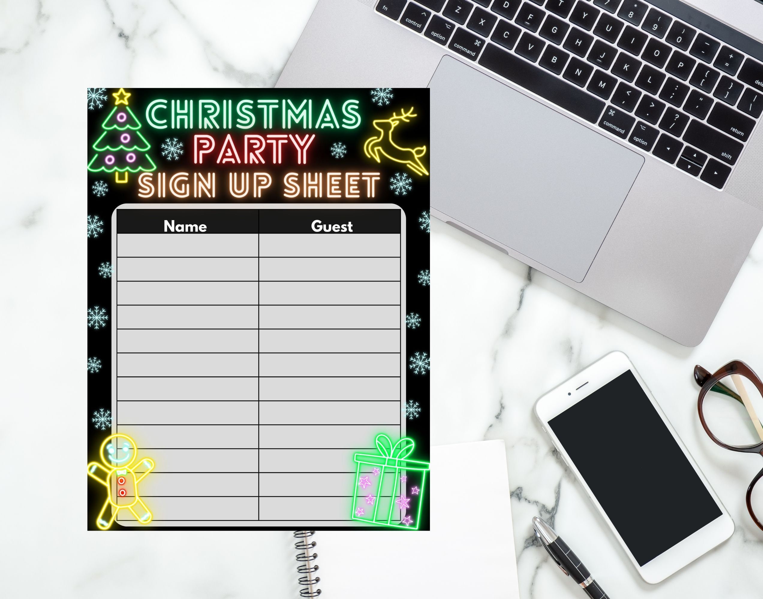 EDITABLE and Printable Neon Christmas Party Sign up Sheet Template ...