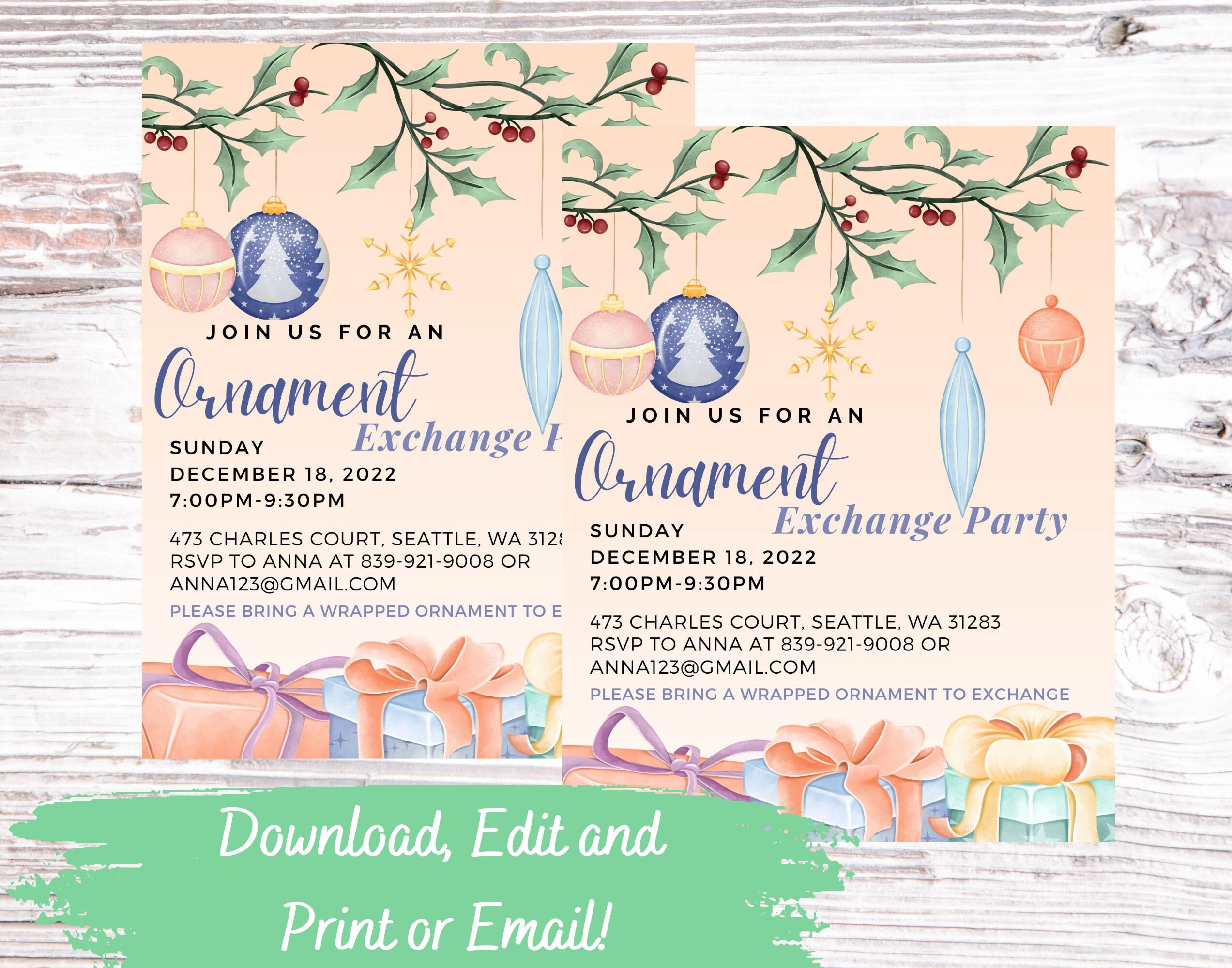 Editable and Printable Christmas Ornament Exchange Party Invitation ...