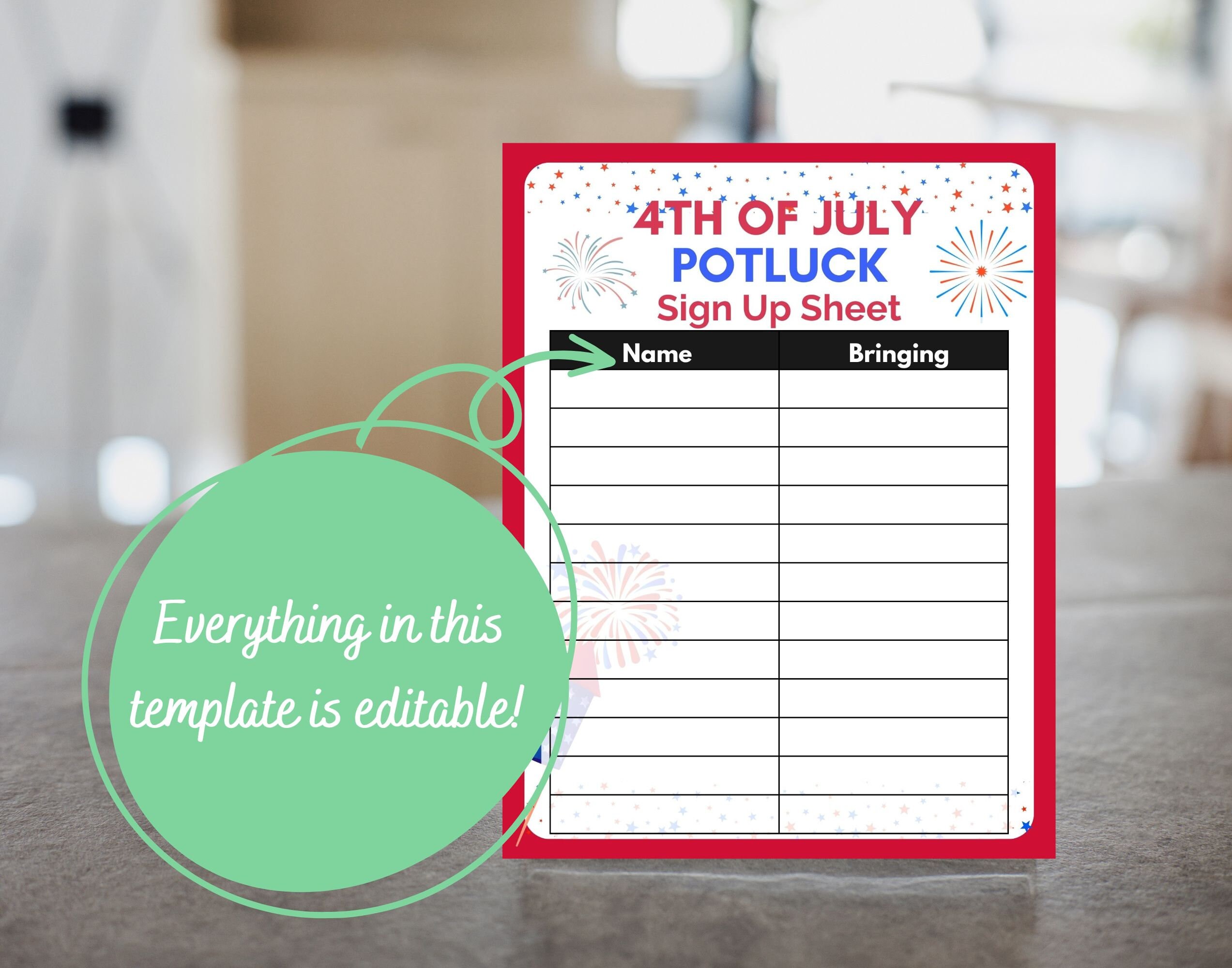 4th of July Red Potluck Sign up Sheet Template, Editable and Printable ...