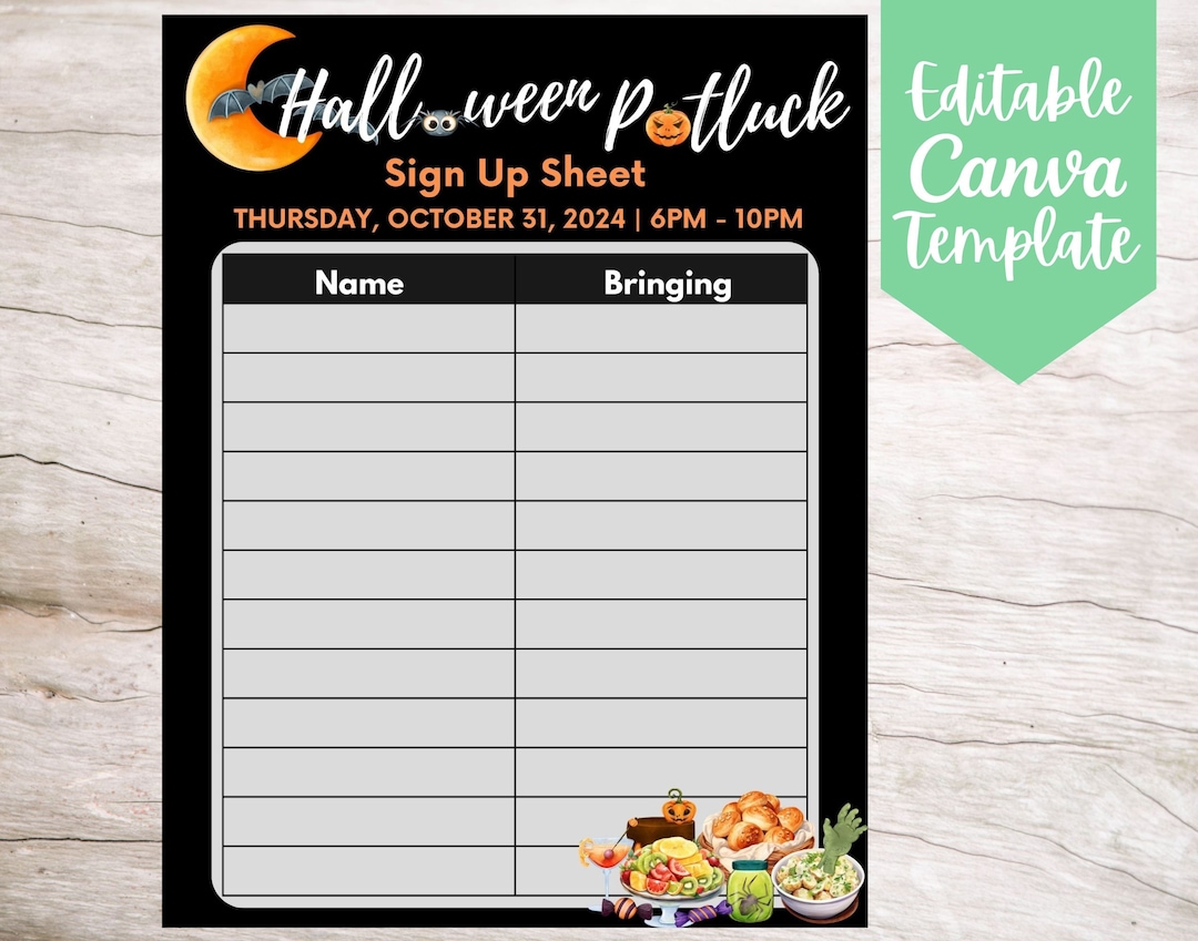 Spooky Halloween Potluck Sign up Sheet Template, Editable and Printable ...