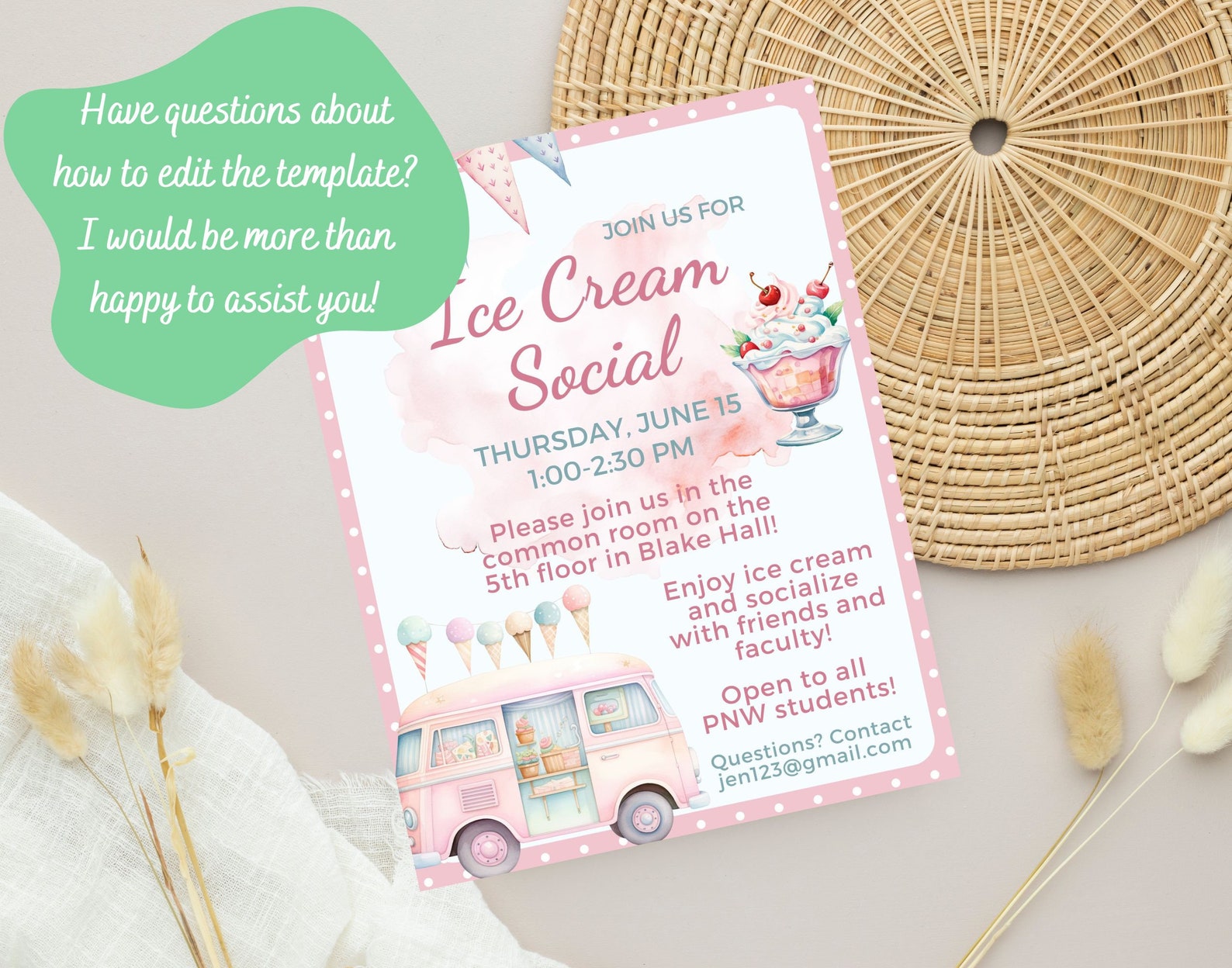 Pink Ice Cream Social Invitation Flyer Template, Editable and Printable ...