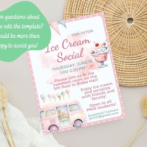 Pink Ice Cream Social Invitation Flyer Template, Editable and Printable ...